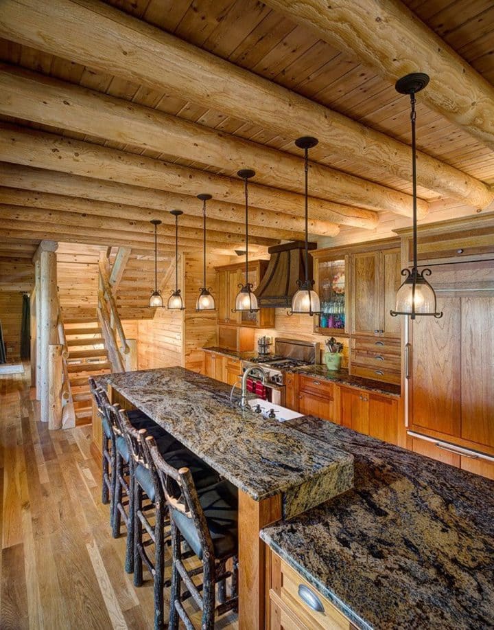 The Multi-Level Bennett Log Cabin Features Elevated Ceilings